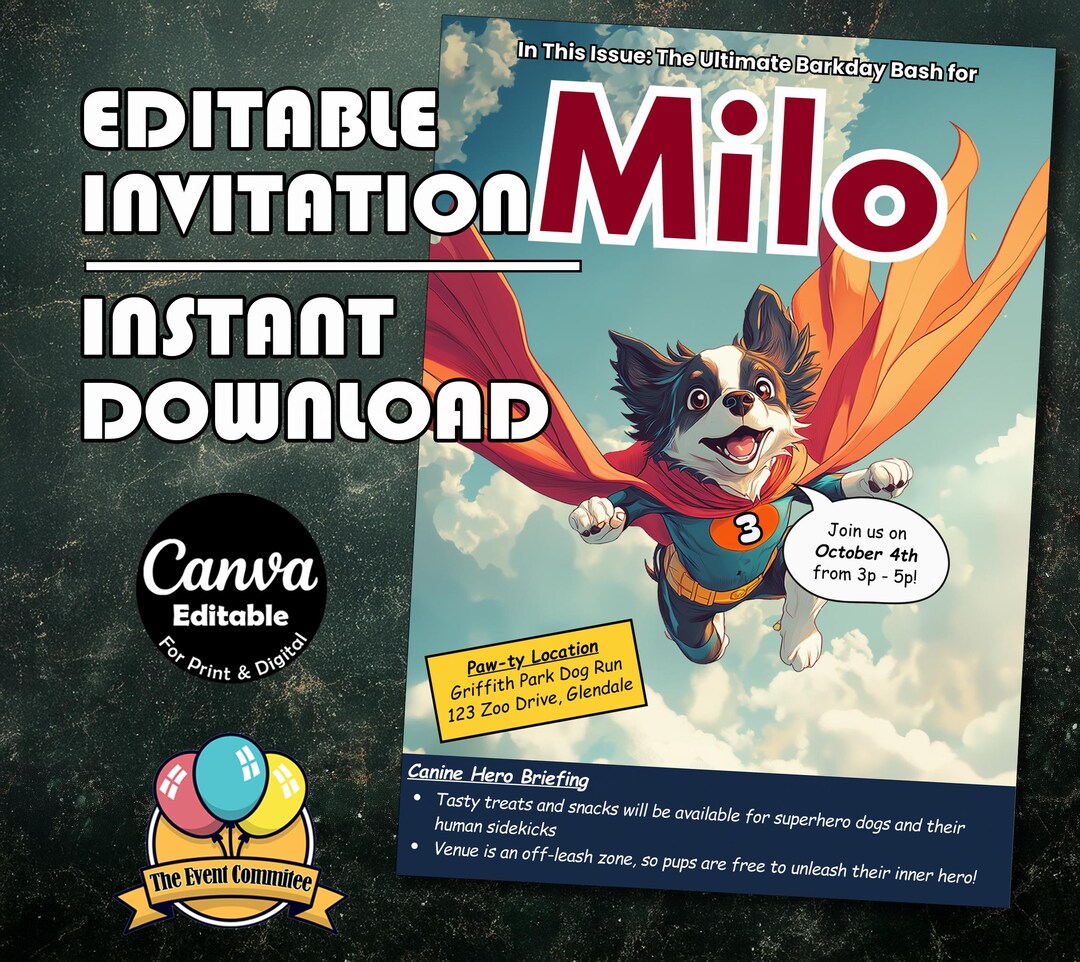 Dog Birthday Digital Invitation, Superhero Border Collie, for Best Pet ...