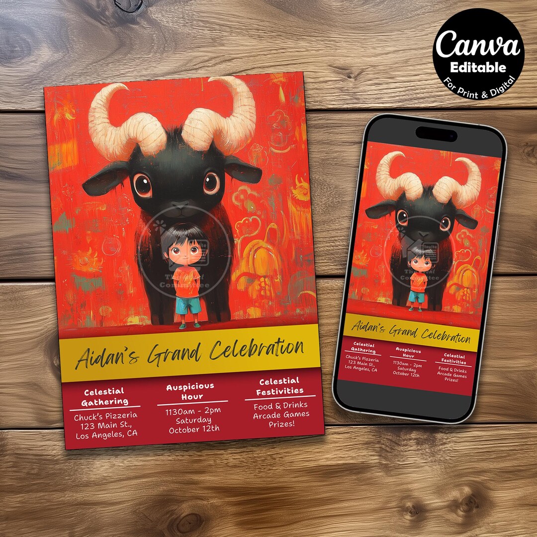 Year of the Goat Lunar Zodiac Birthday Invitation Custom Digital Party ...