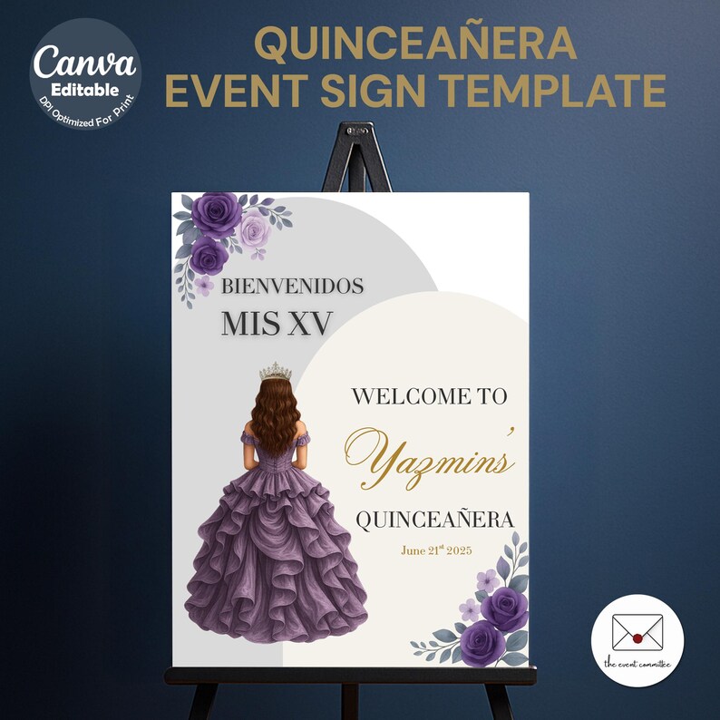 Editable Quinceanera Welcome Sign Purple Dress, Event and Reception ...