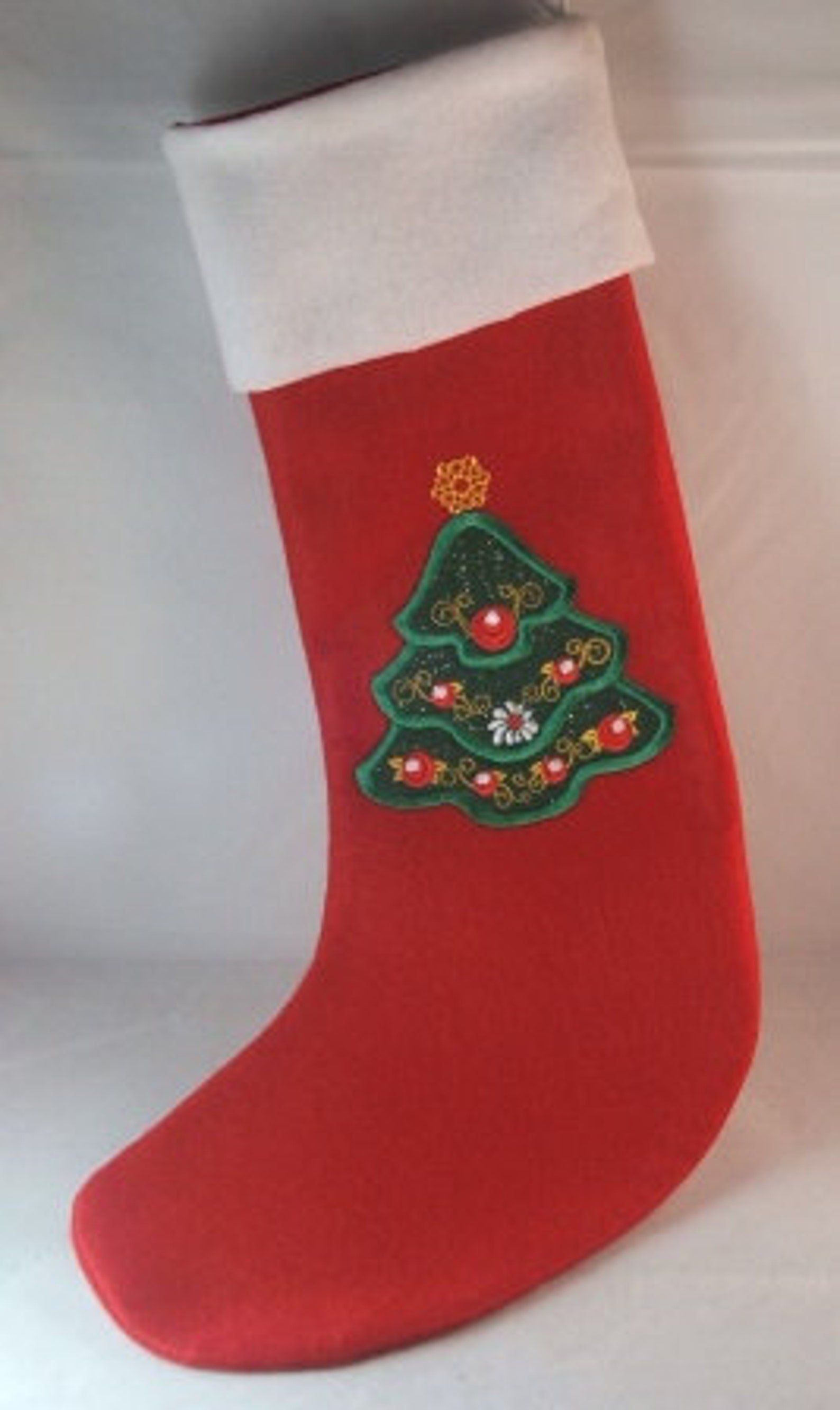 Christmas Stocking, Red Felt, Christmas Tree Applique, Free Name ...