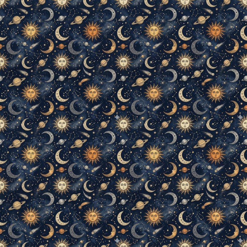 Seamless Celestial Pattern | Sun, Moon, Stars Motif (digital Download ...