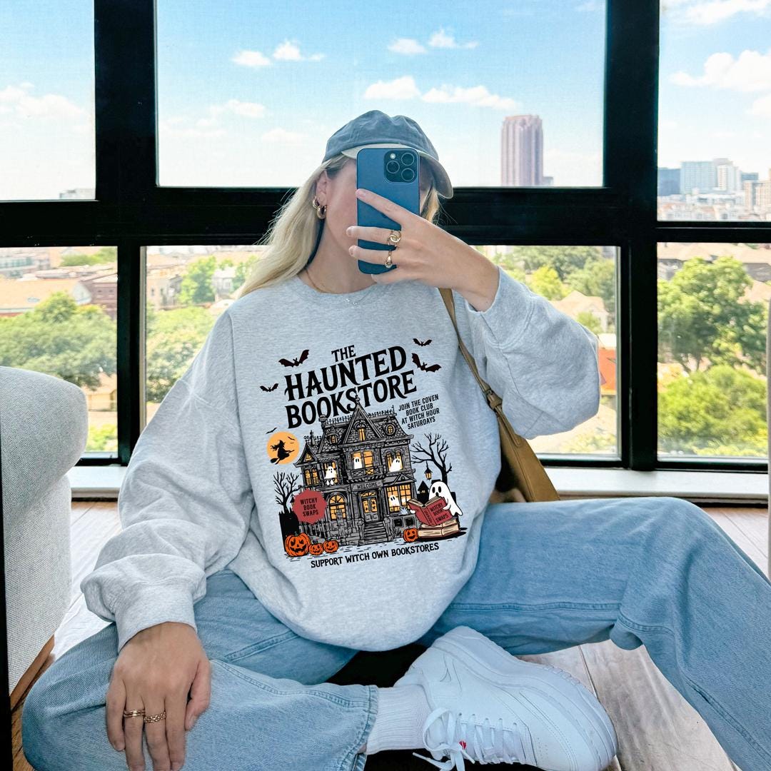 The Haunted Bookstore Sweatshirt – Ghost Halloween Crewneck, Spooky ...