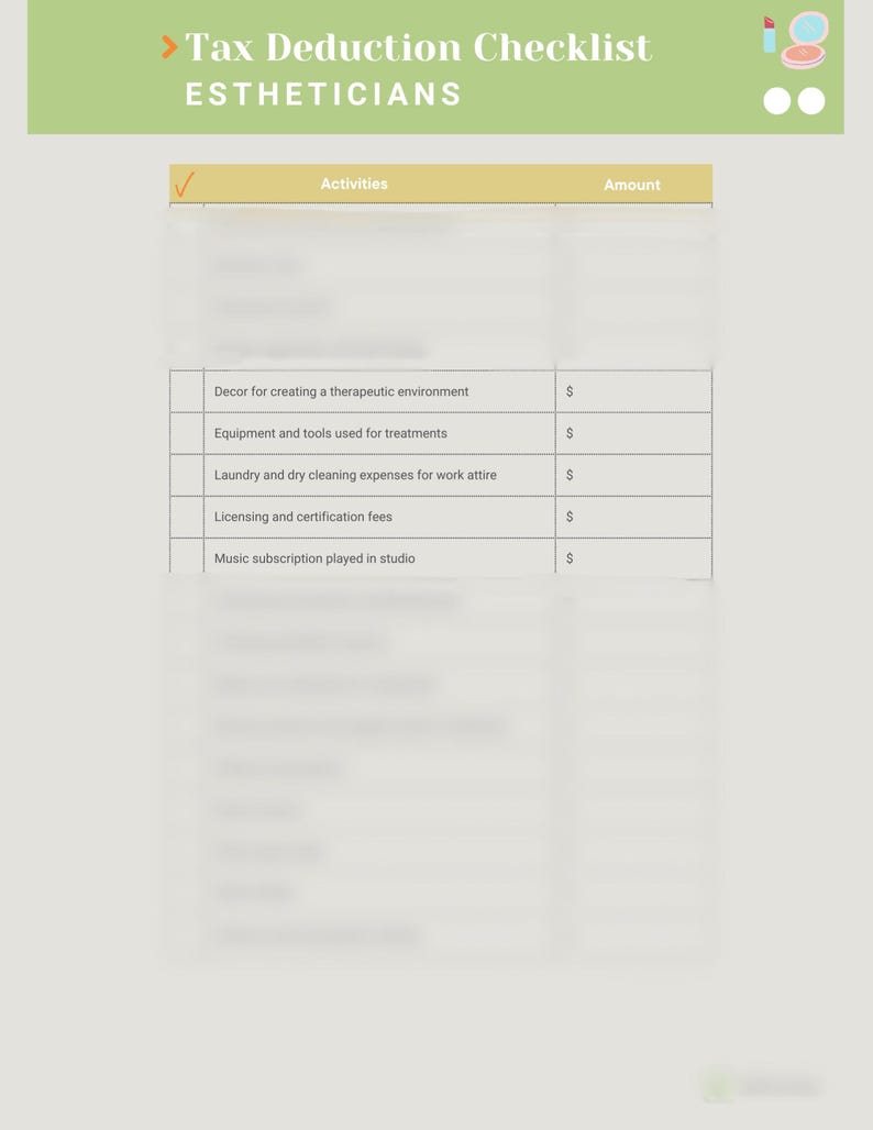 Tax Deduction Checklist for Estheticians - Etsy
