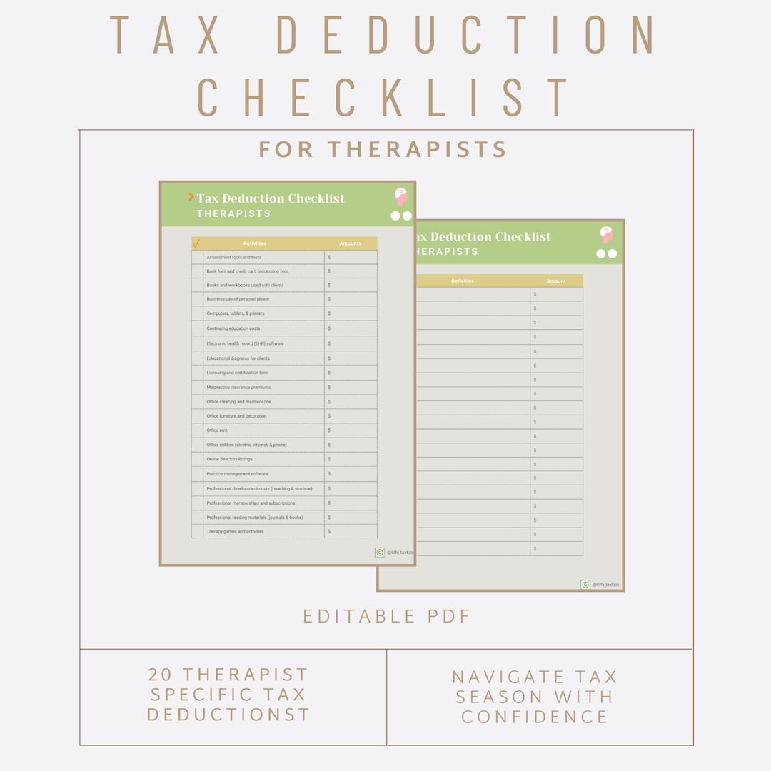Tax Deduction Checklist for Therapist - Etsy