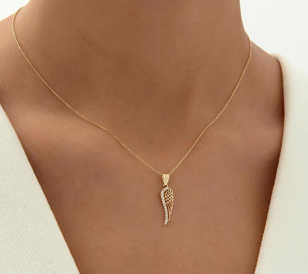 14K Solid Gold Angel's Wing Necklace, Paved Angel Wing Pendant ...