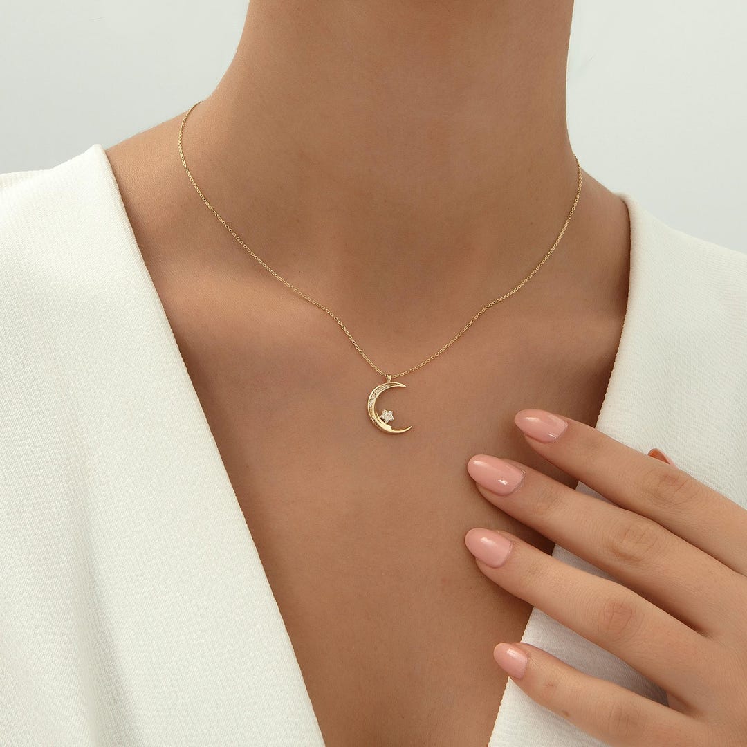 14K Solid Gold Moon Star Necklace, Crescent Gold Necklace, Real Gold ...