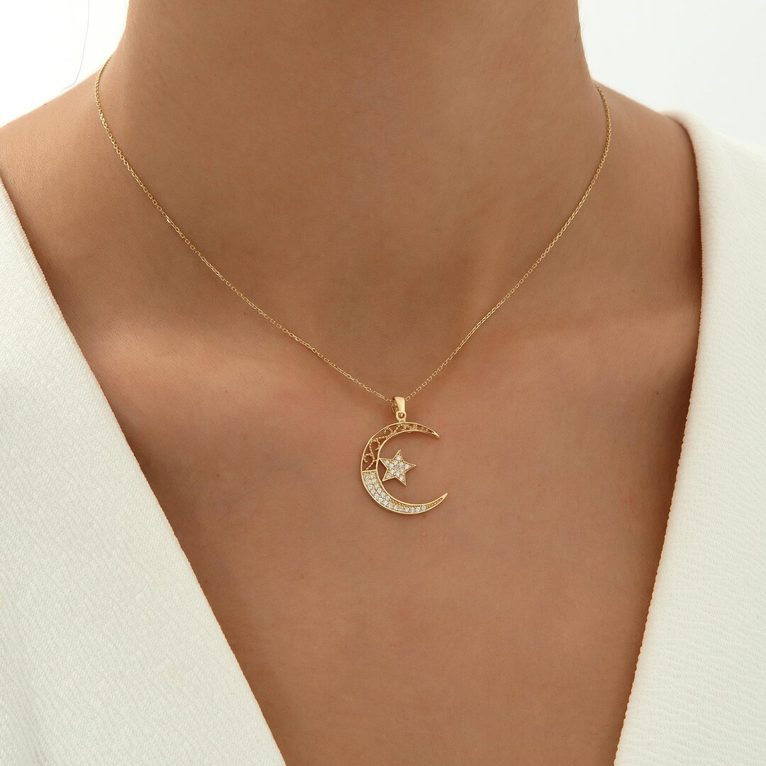 14K Solid Gold Crescent Moon Necklace: Real Gold Charm - Etsy