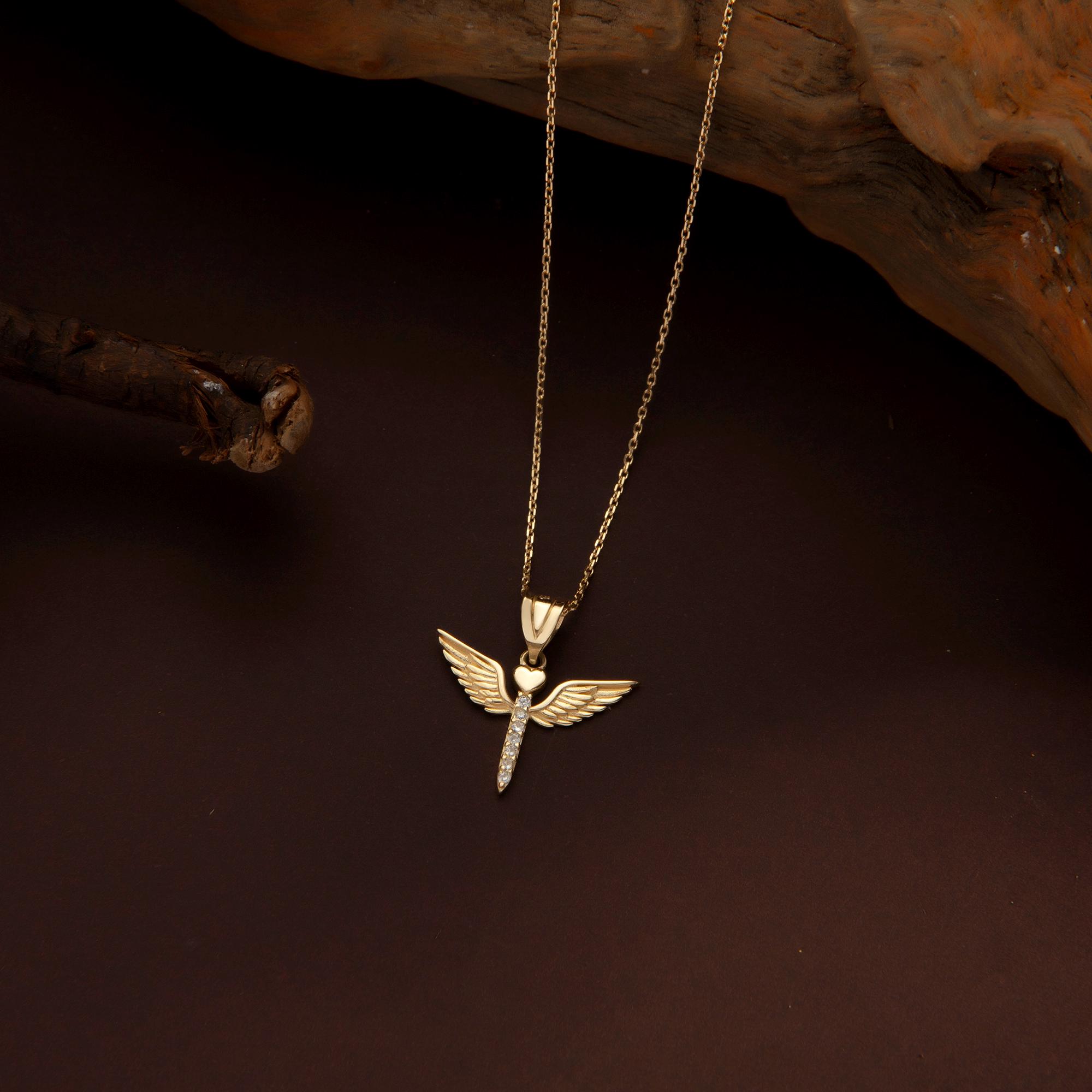 14K Gold Angel Pendant Necklace With Diamond: Wing , Minimalist ...