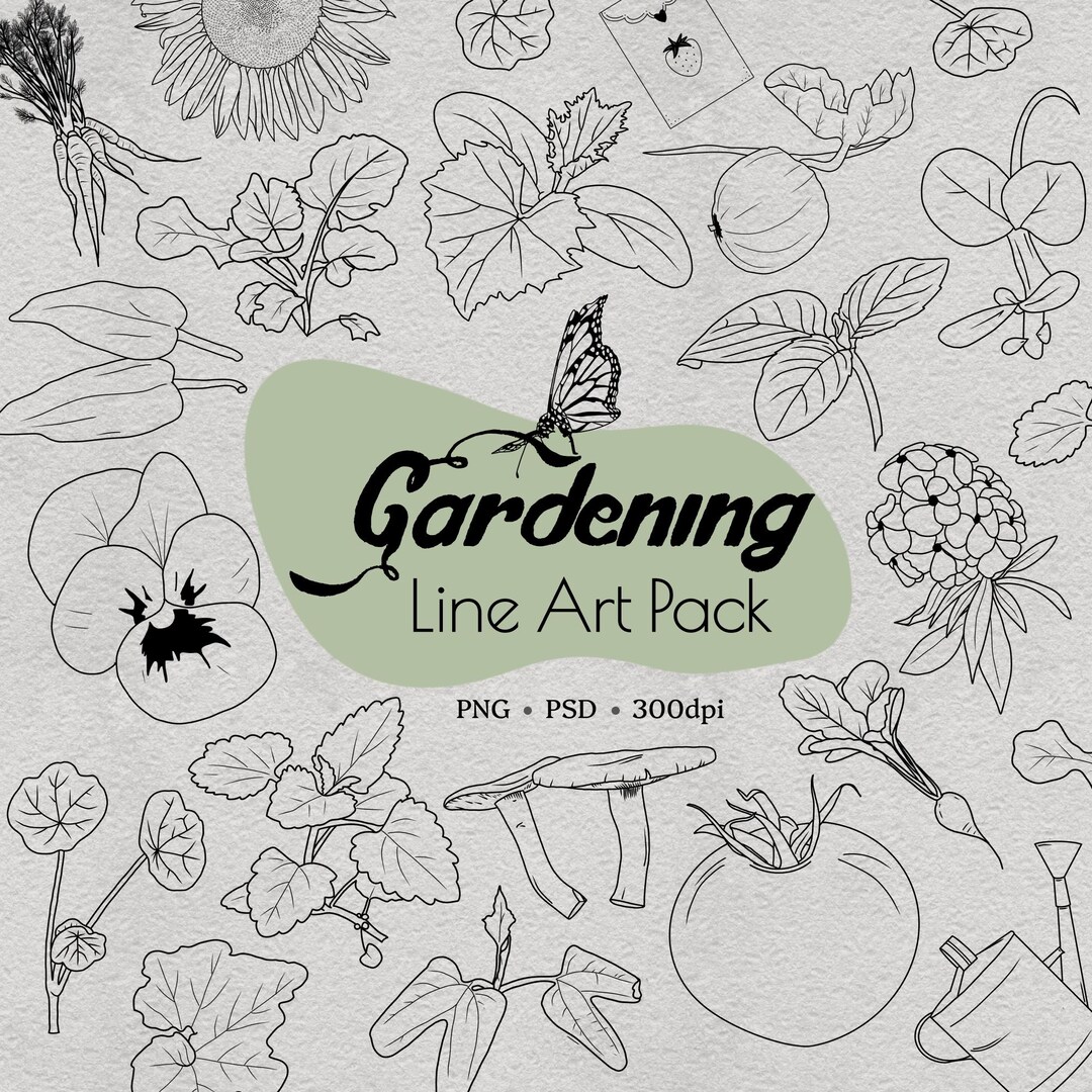 Gardening Line Art, These Hand Drawn Graphics Are Great for Digital ...