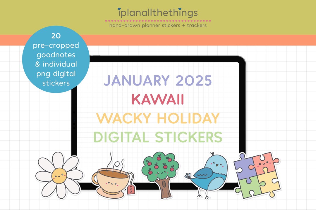 JANUARY 2025 Kawaii WACKY HOLIDAY Digital Stickers, Goodnotes, Png ...