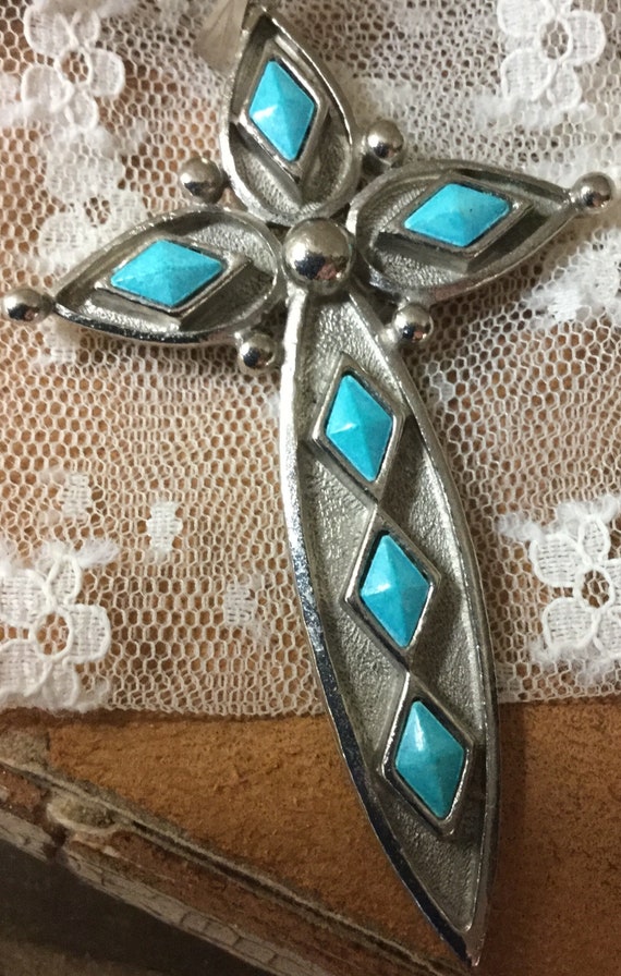 Signed St. Labre Faux Turquoise Silver Tone Cross Pen… - Gem