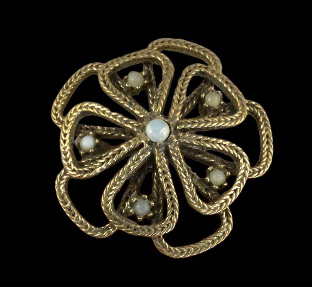 Stylized Gold Tone Faux Moonstone Open Work Flower Brooch Pin Unsigned ...