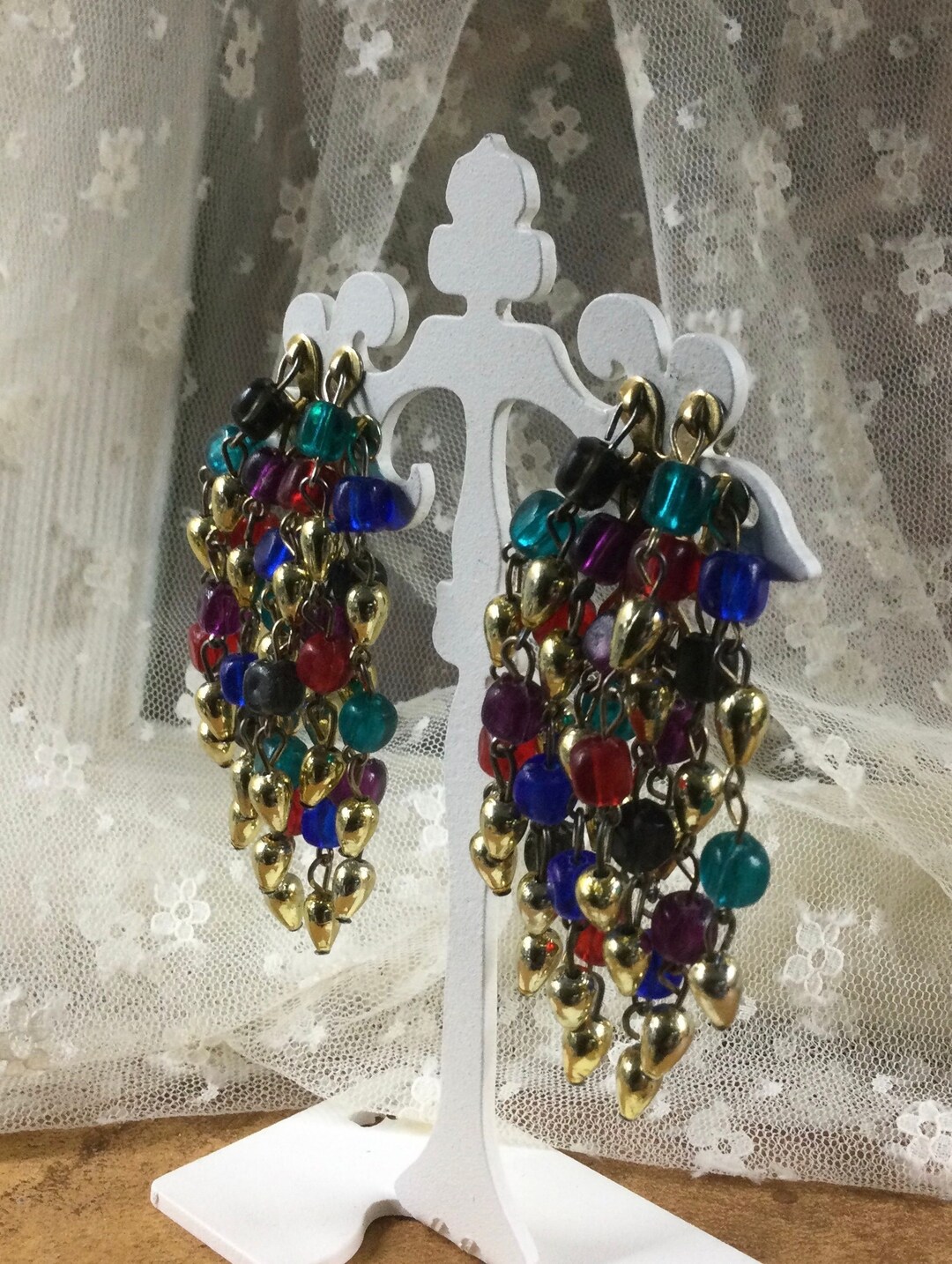 Dripping in Jewel Toned Lucite Bead Cha Cha Earrings Unsigned Clip on ...