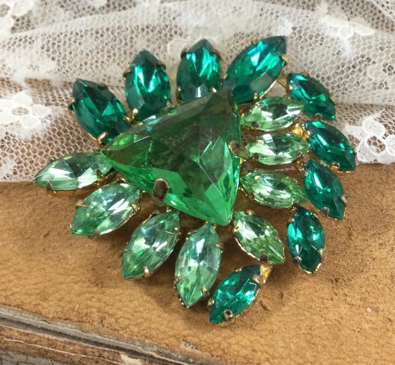 Three Shades of Green Triangle Shaped Rhinestone Broo… - Gem