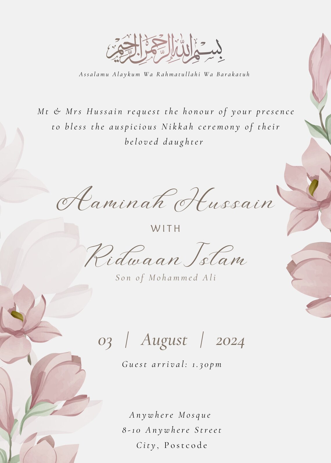 Muslim Nikkah, Walima, Mehndi, Digital Wedding Invite Template Pink ...