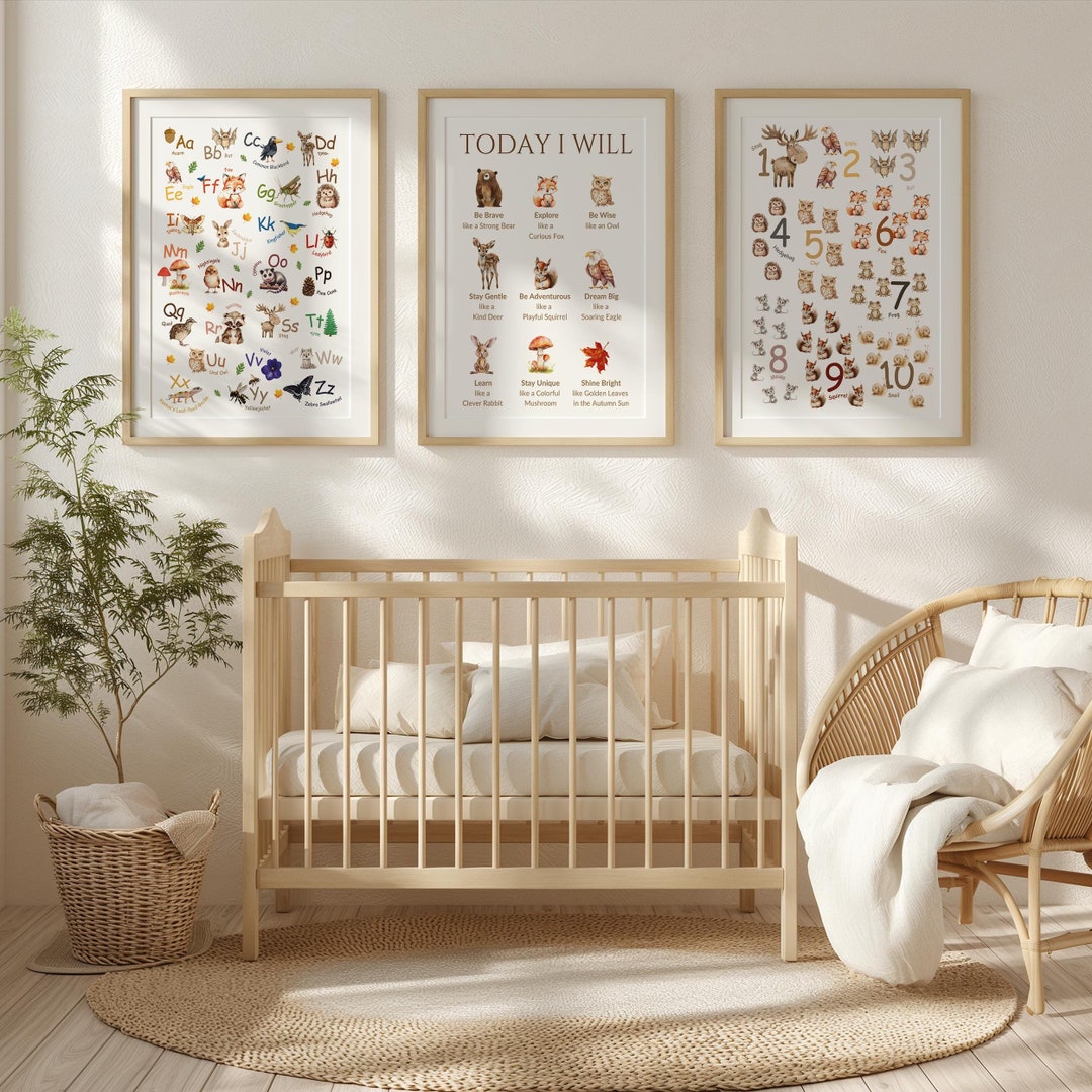 Woodlands Nursery Set of 3, Alphabet Numbers Posters, Woodland Nursery ...