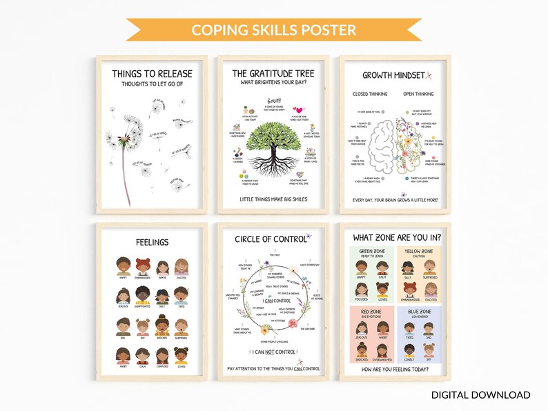 Coping Skills Poster Set of 6, Mental Health Bundle, Calming Corner ...