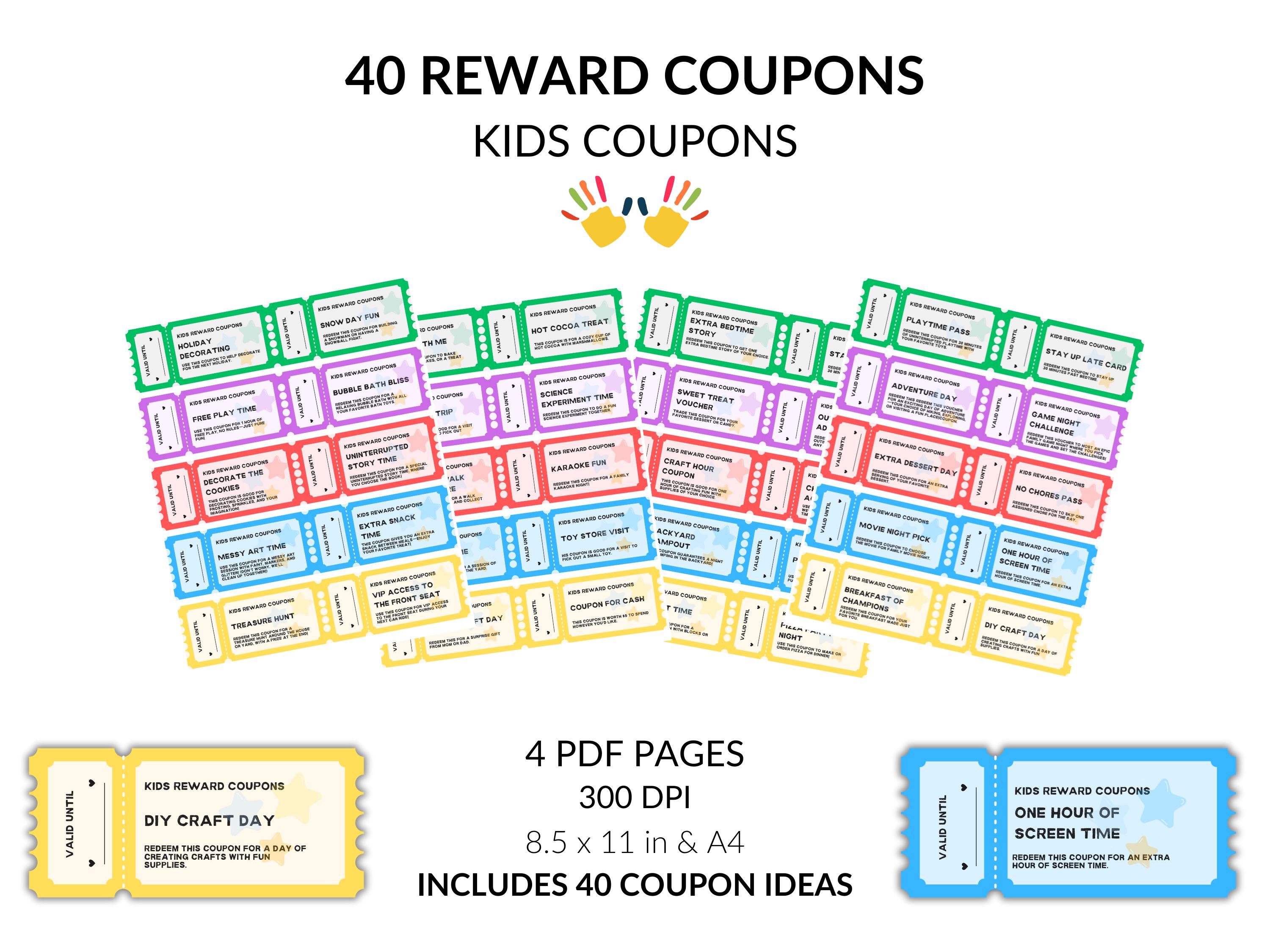 Kids Reward Coupons, Editable Voucher, Printable Birthday Book, Instant ...