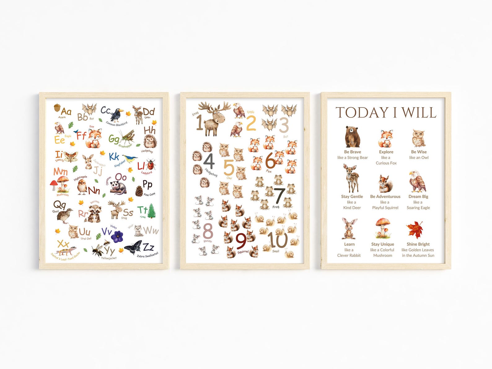 Woodlands Nursery Set of 3, Alphabet Numbers Posters, Woodland Nursery ...