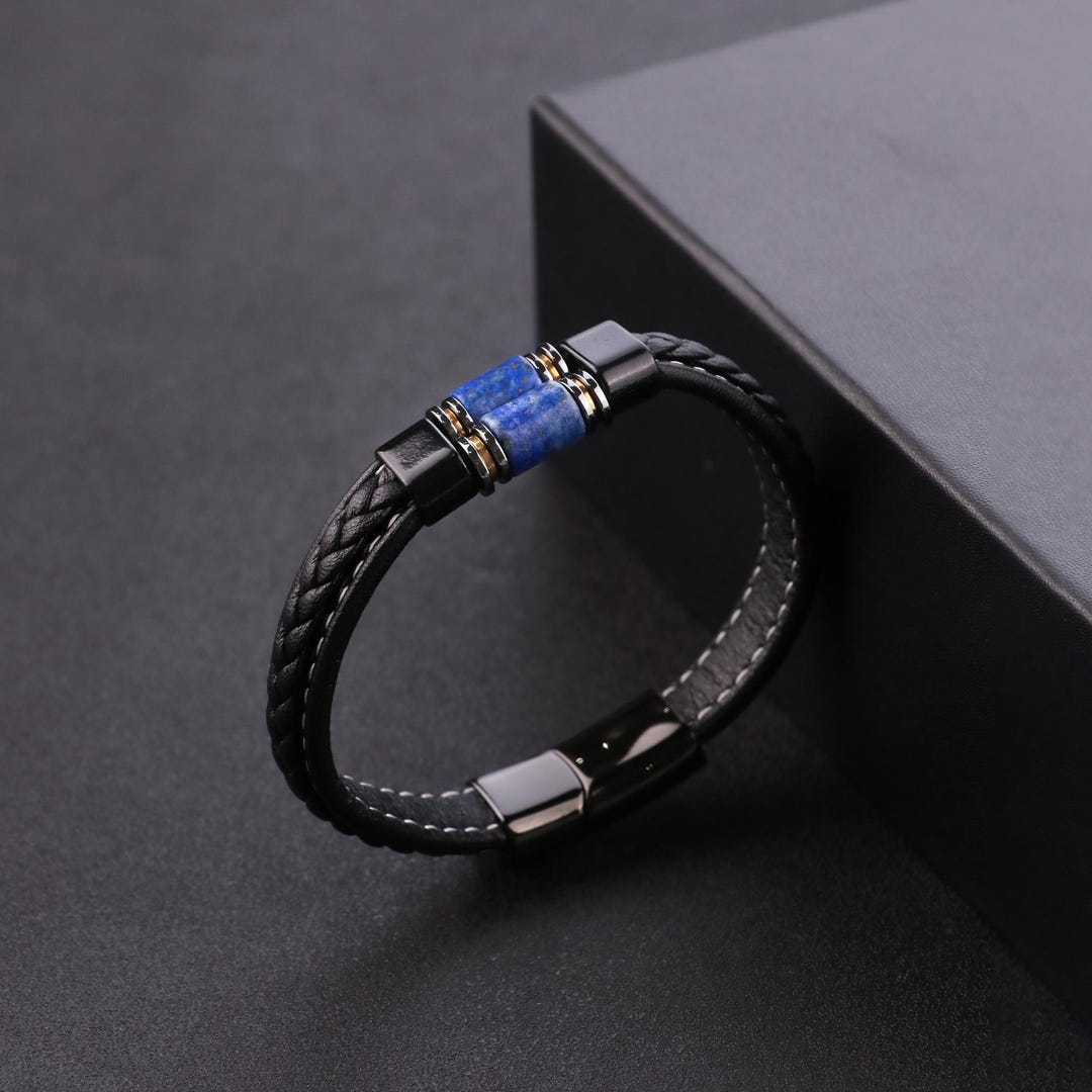 Lapis Lazuli Braided Leather Bracelet, Men's Magnetic Clasp Band - Etsy