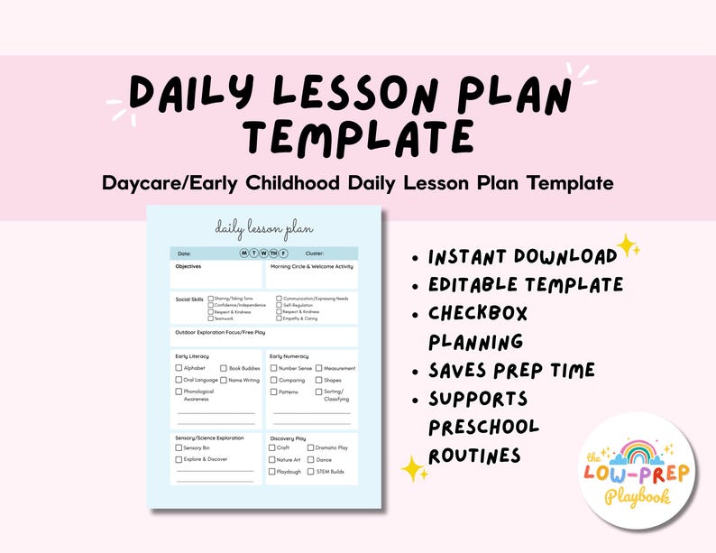 Daily Lesson Plan Template Editable | Daycare Preschool Daily Planner ...