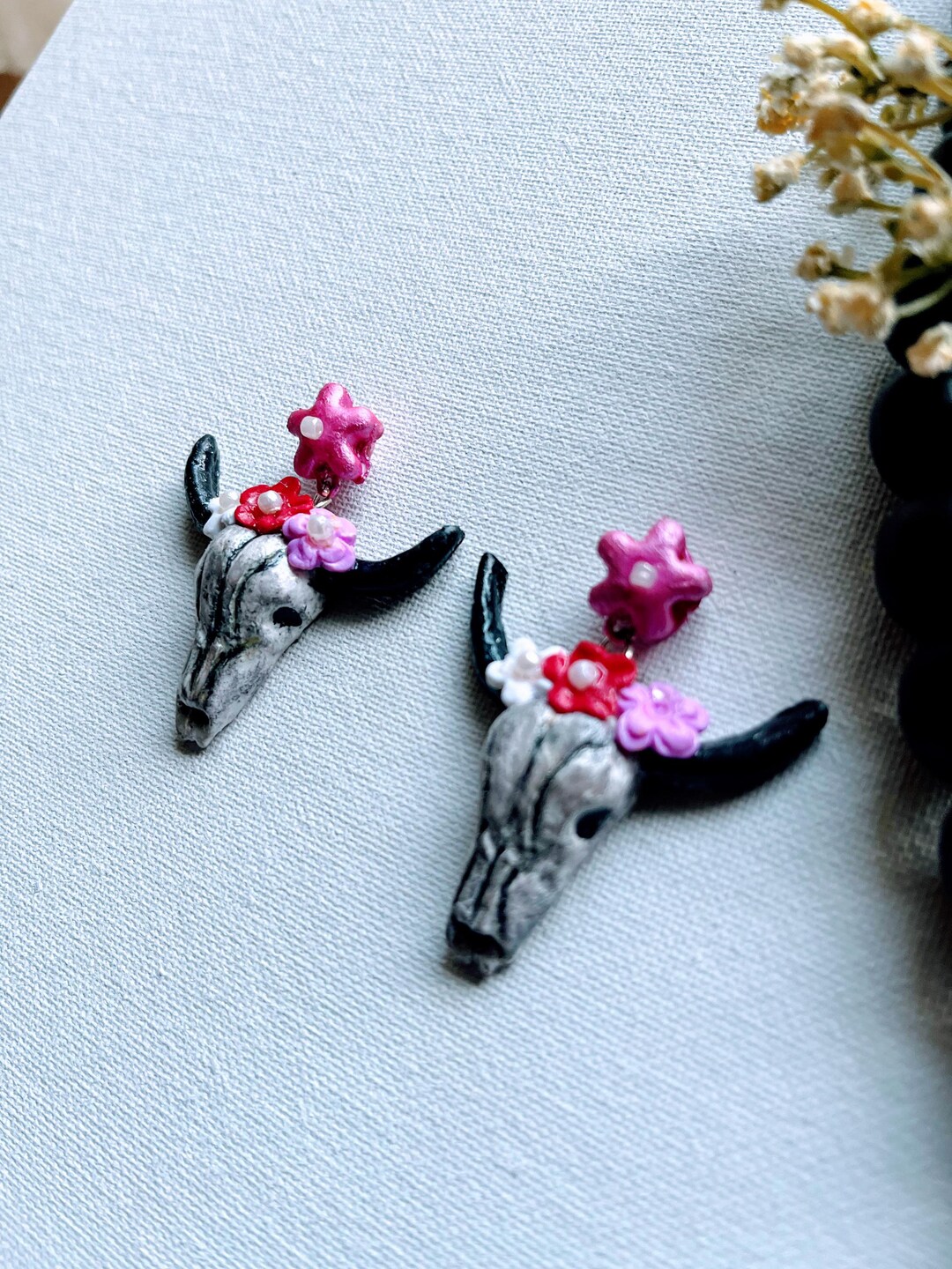 Charm of a Bull Decorated With Flowers Polymer Clay Earring - Etsy