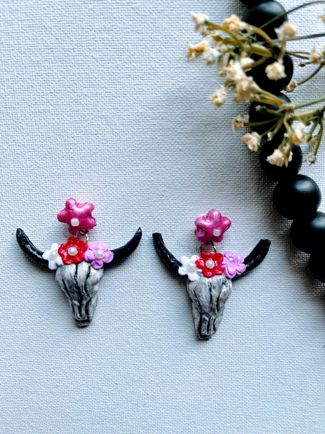 Charm of a Bull Decorated With Flowers Polymer Clay Earring - Etsy