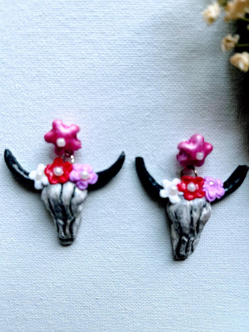 Charm of a Bull Decorated With Flowers Polymer Clay Earring - Etsy