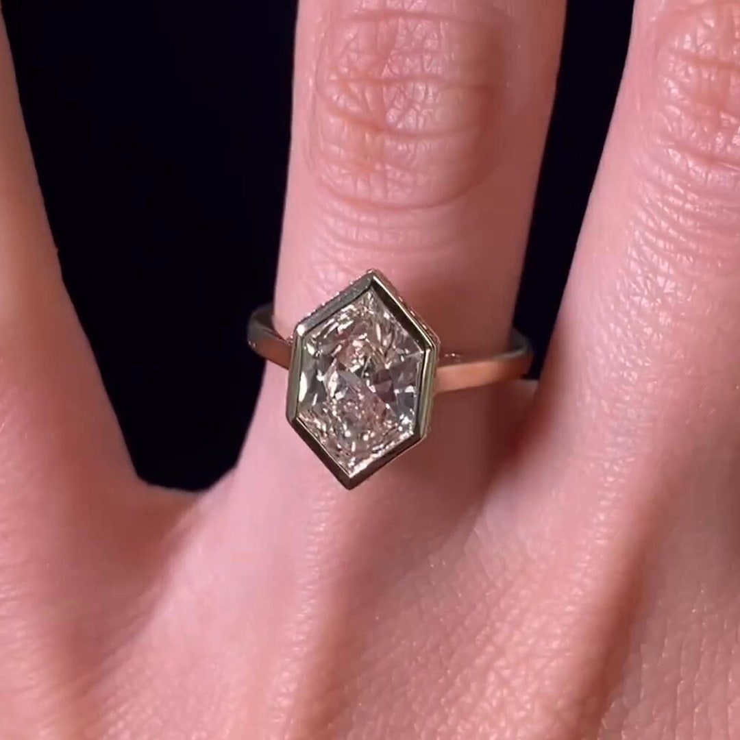 2ct Elongated Hexagon Cut Bezel Set Moissanite Engagement Ring 14K Gold ...