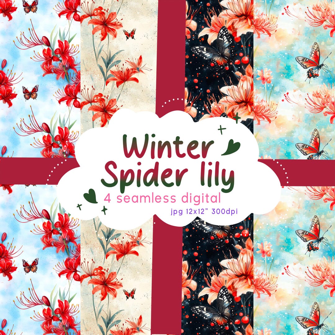 Winter Spider Lily Flower Watercolor Style in 4seamless Pattern / Cute ...
