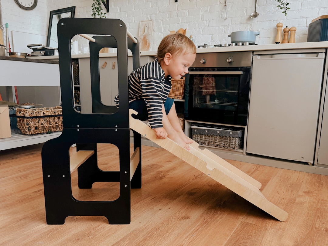 Foldable Toddler Tower: Montessori Step Stool, Blackboard & Slide - Etsy