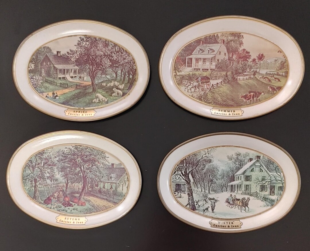 4 Vintage Currier and Ives Small Trays Spring Summer Fall and Winter ...