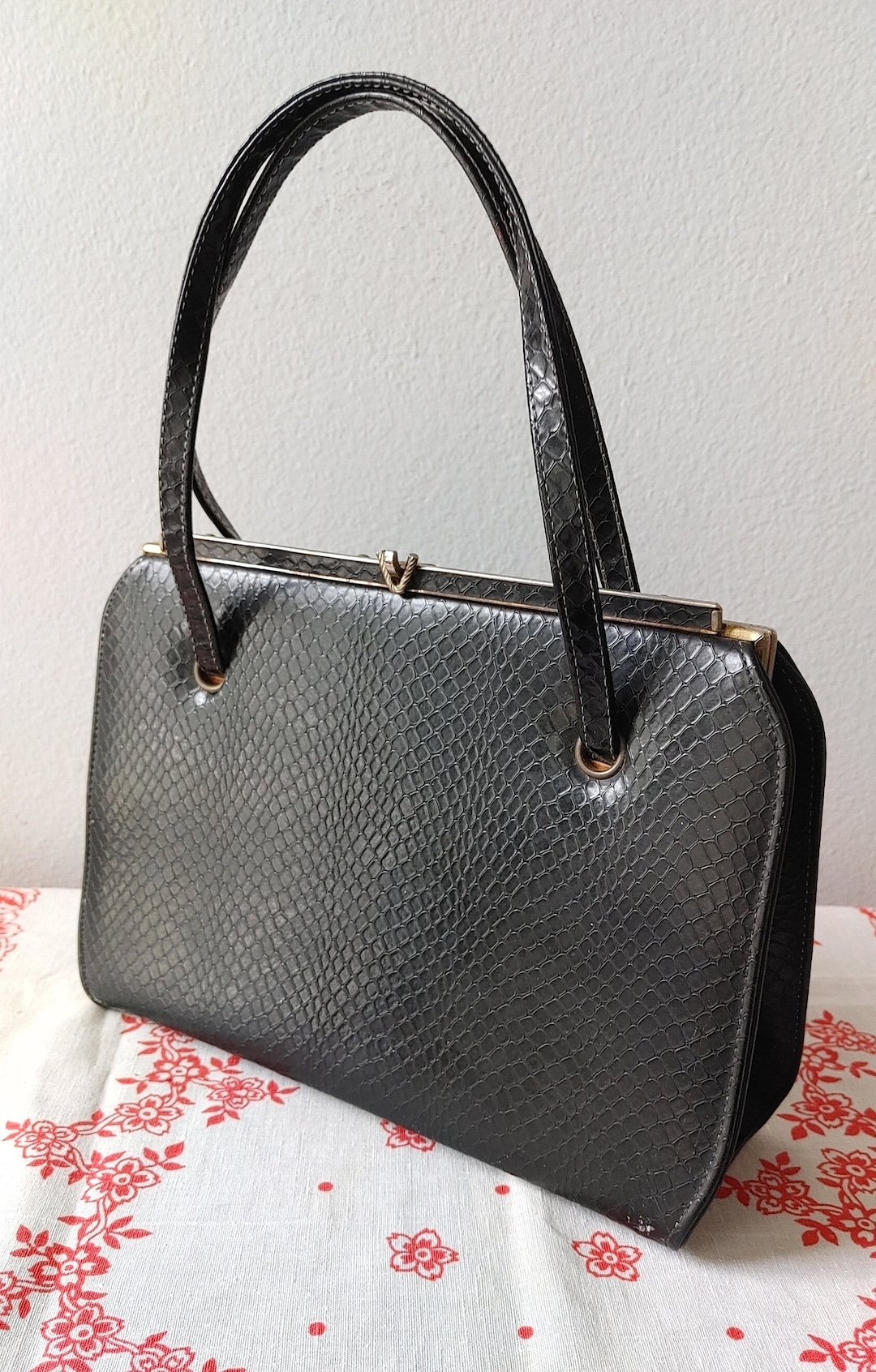 Vintage A Naturalizer Top Handle Black Faux Reptile Handbag Mid Century ...