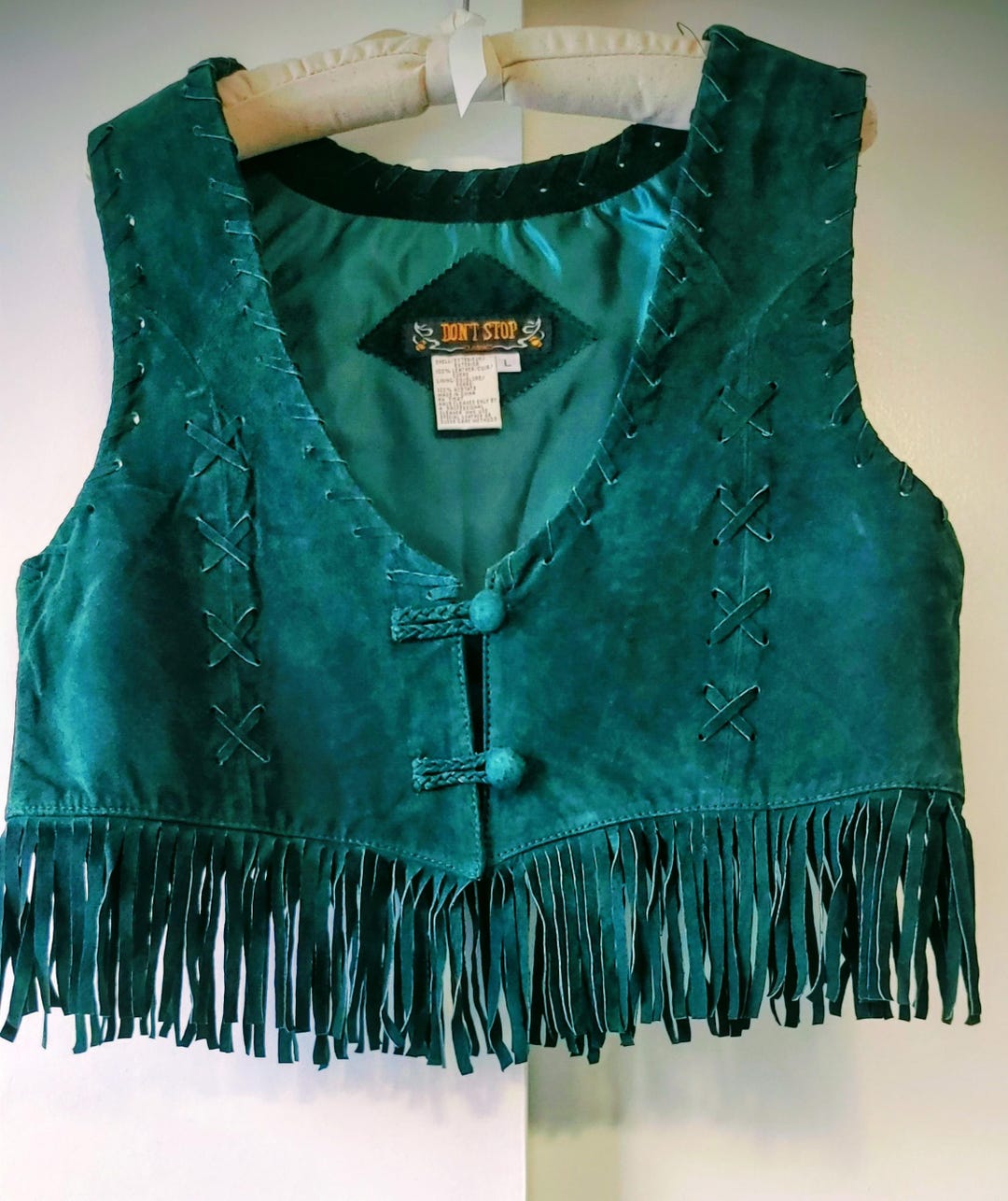 Green Leather Vest With Fringe Buttons Short Don't Stop - Etsy