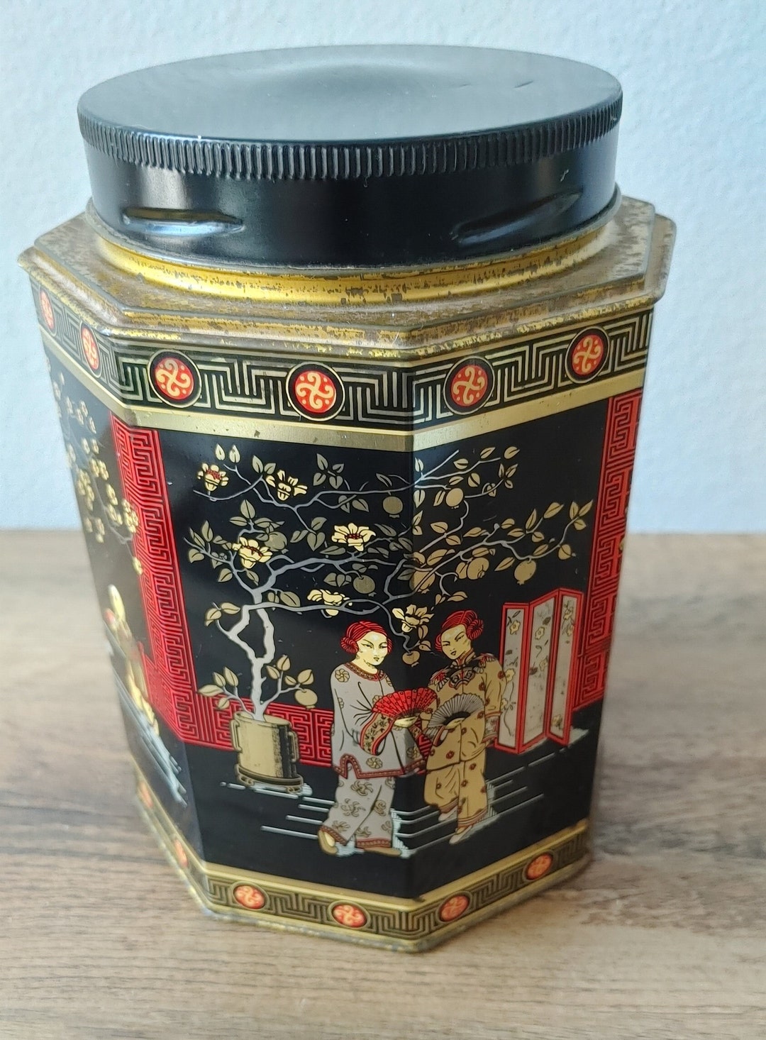 Vintage Asian Tea Tin Black and Red Cherry Blossom's Chinese Fans ...