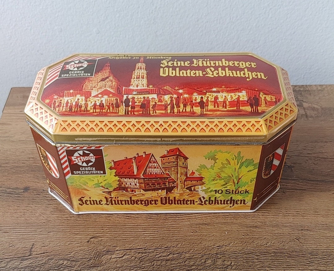 Vintage Tin West German Biscuit Tin Bright Colors Oblong Embossed Box ...