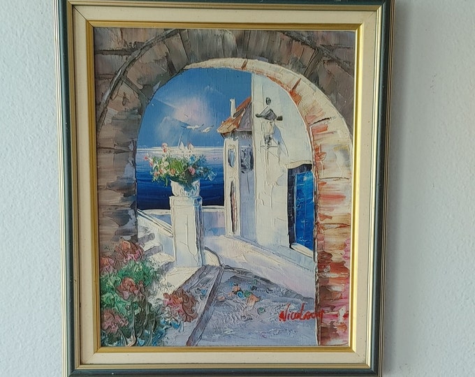 Vintage Oil Painting Greece Hand Painted Scenery Ocean Terrace Greek ...