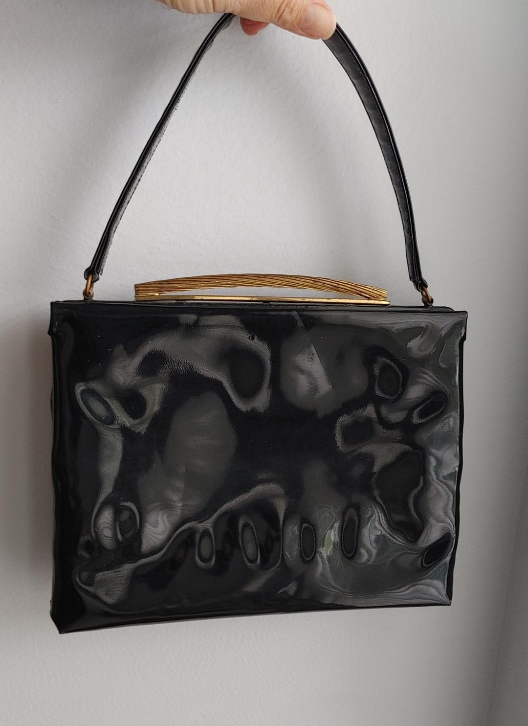 Vintage 1960s Morris Moskowitz Black Patent Leather Handbag With Gold ...