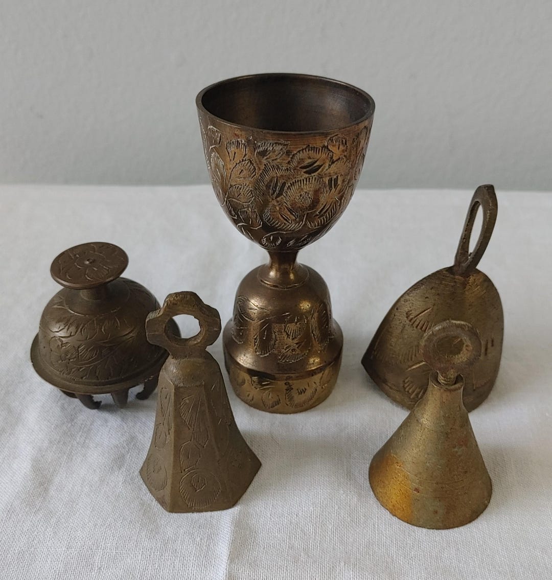 5 Vintage Brass Bells Elephant Claw Temple Bell Camel Bells Etched ...