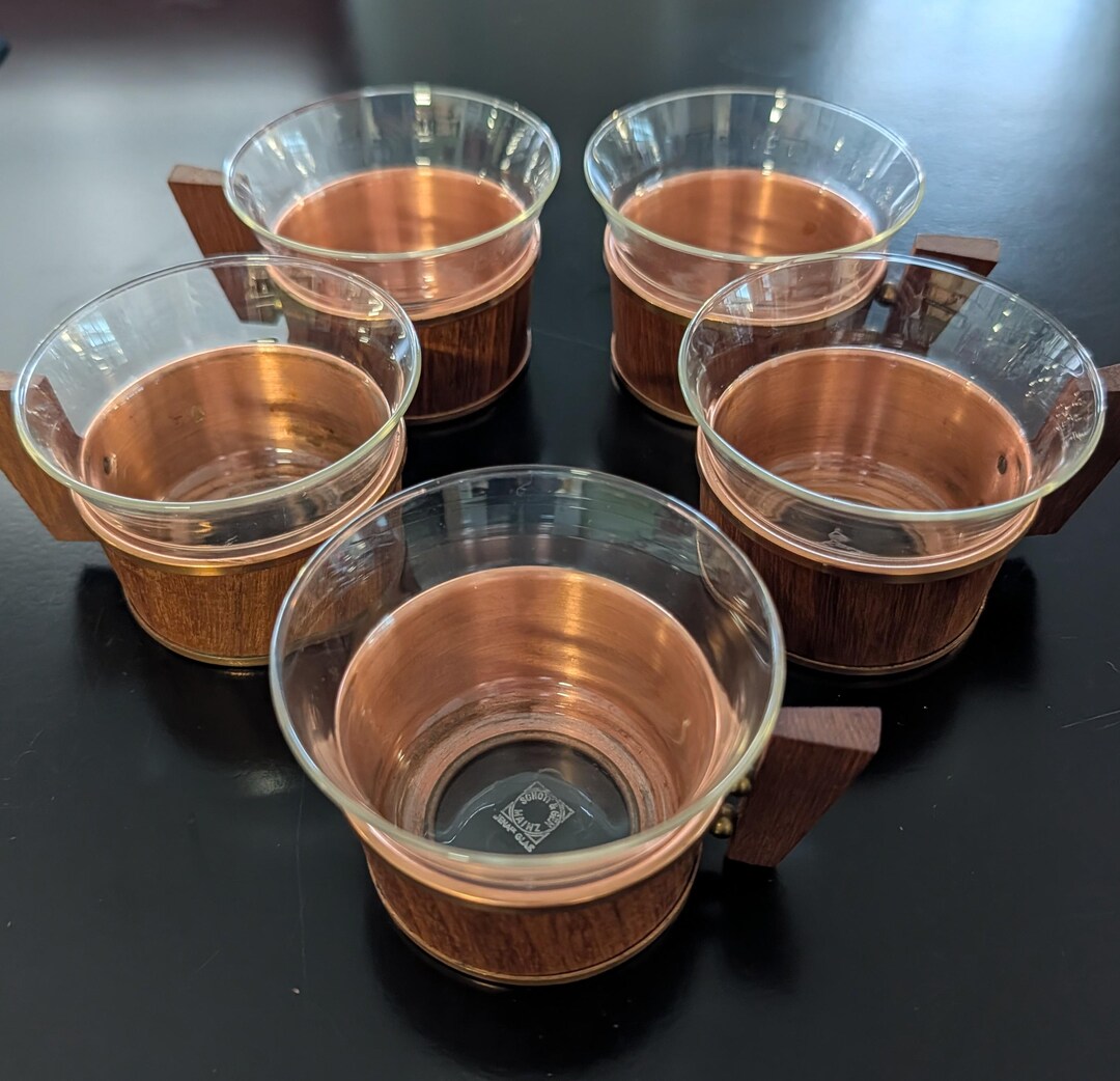 5 MCM Schott Gen Mainz Jena Glass Copper Teak Tea Cups - Etsy