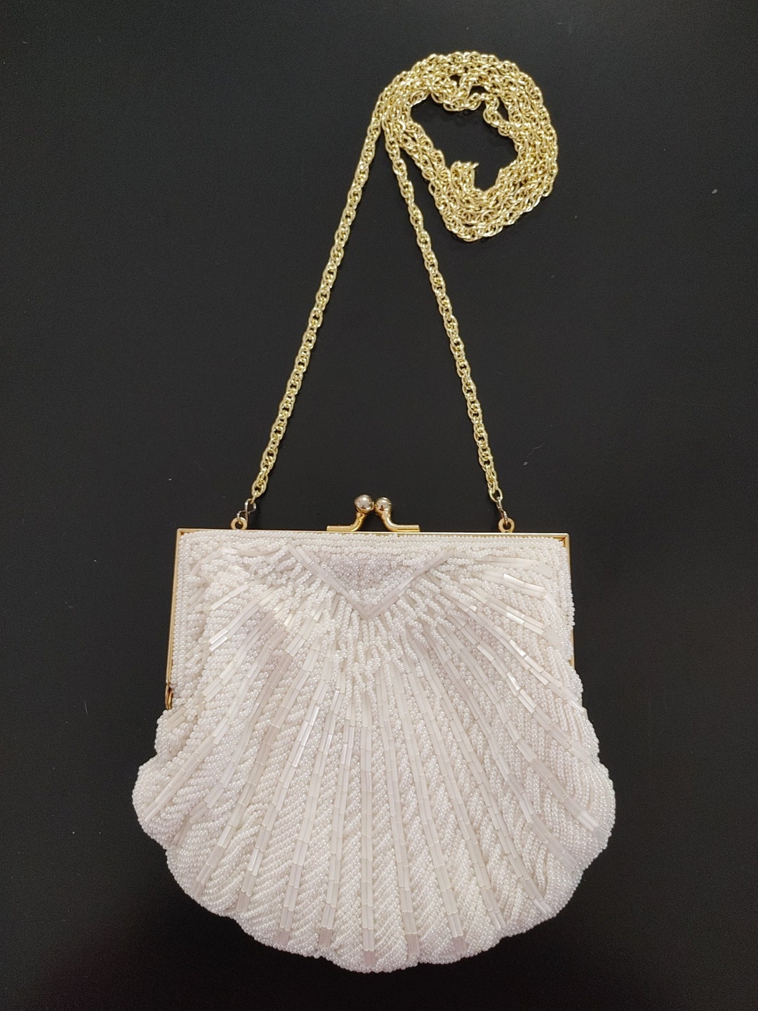 Vintage White Beaded Purse in the Shape of a Shell Gold Frame - Etsy