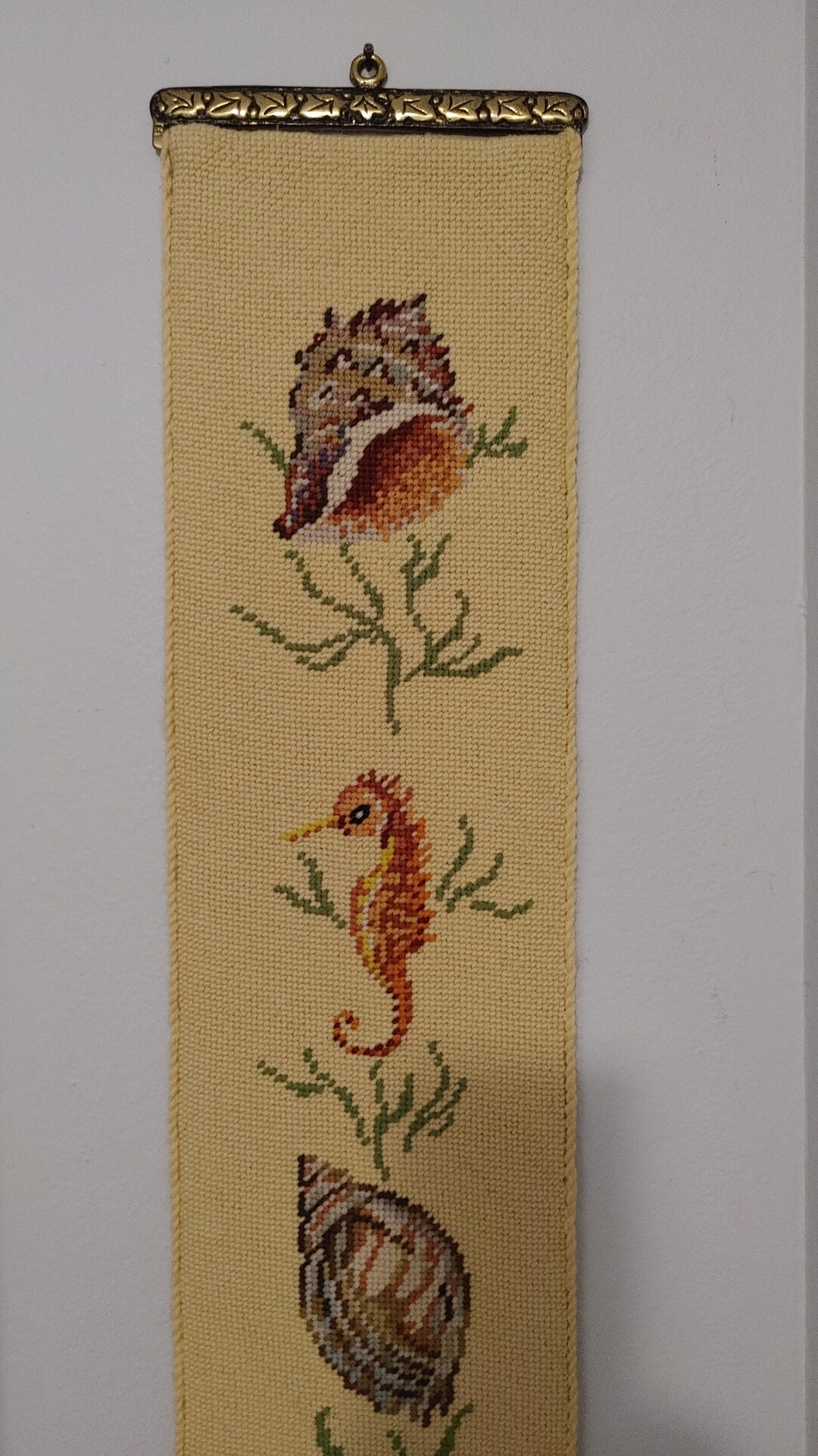 Vintage Needlepoint Bell Pull With Shells Wall Hanging With Brass ...