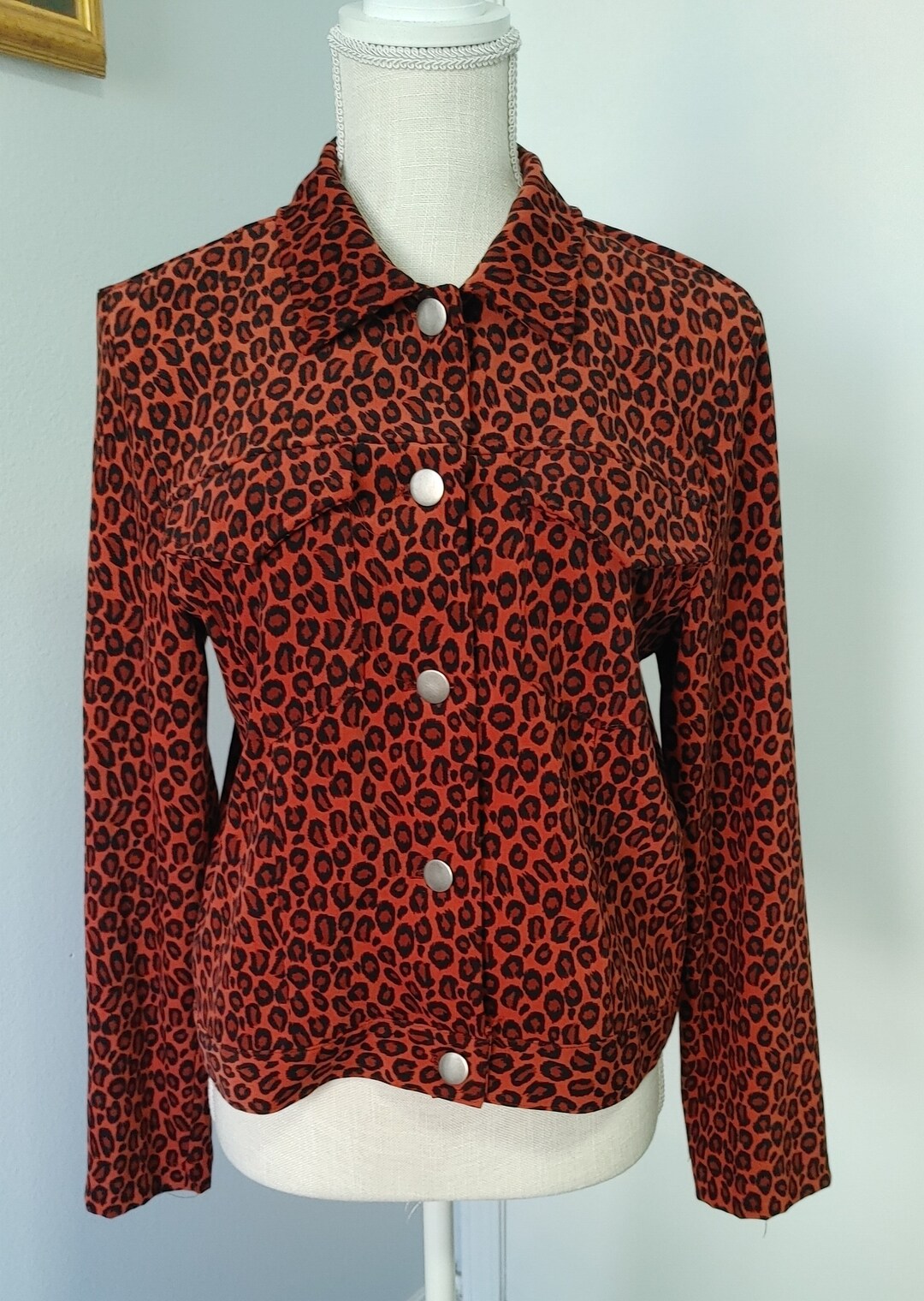 Vintage 80s David Paul Leopard Print Short Jacket Shirt Black Orange ...