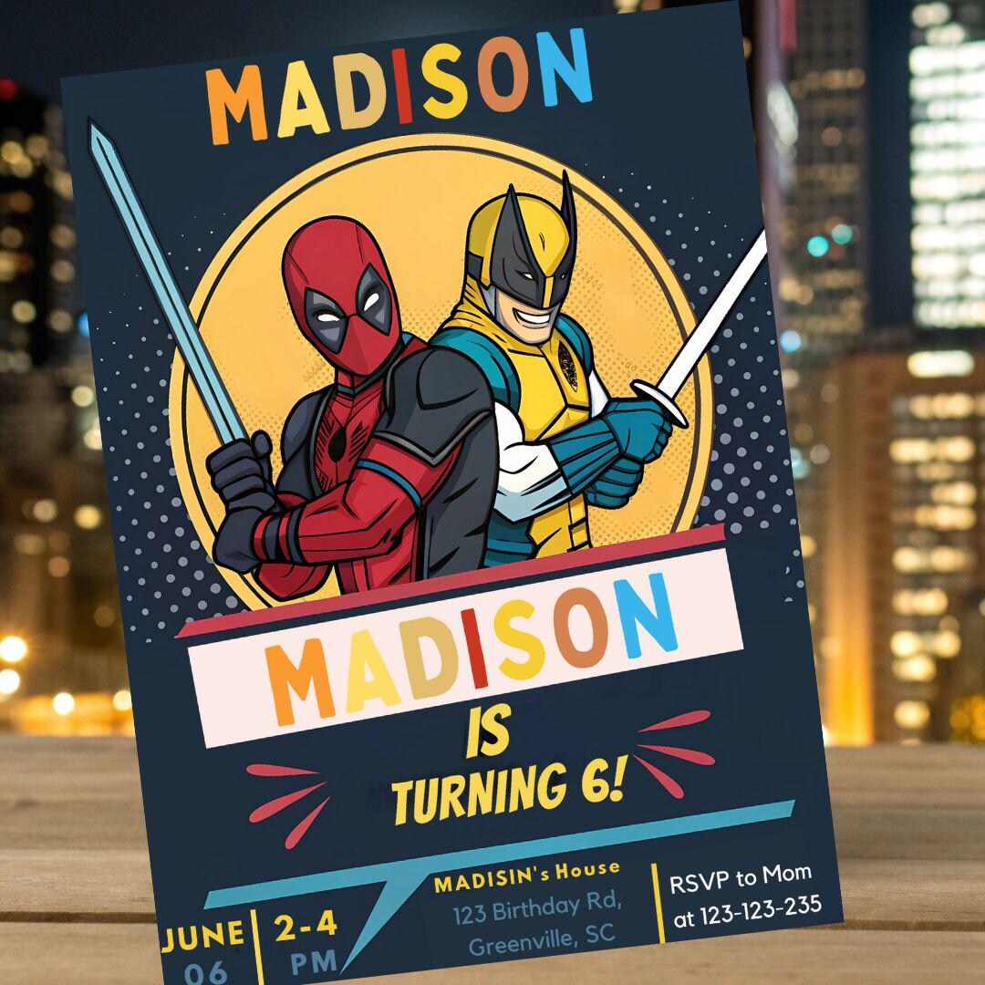 Editable Deadpool and Wolverine Superheroes Birthday Invitation ...