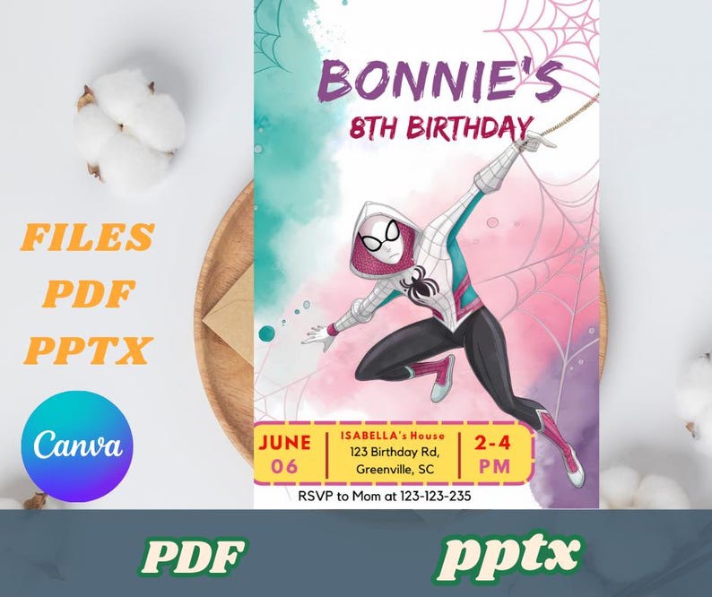 Gwen Birthday Invitation, Spider-verse Girl Birthday Invite, Editable ...