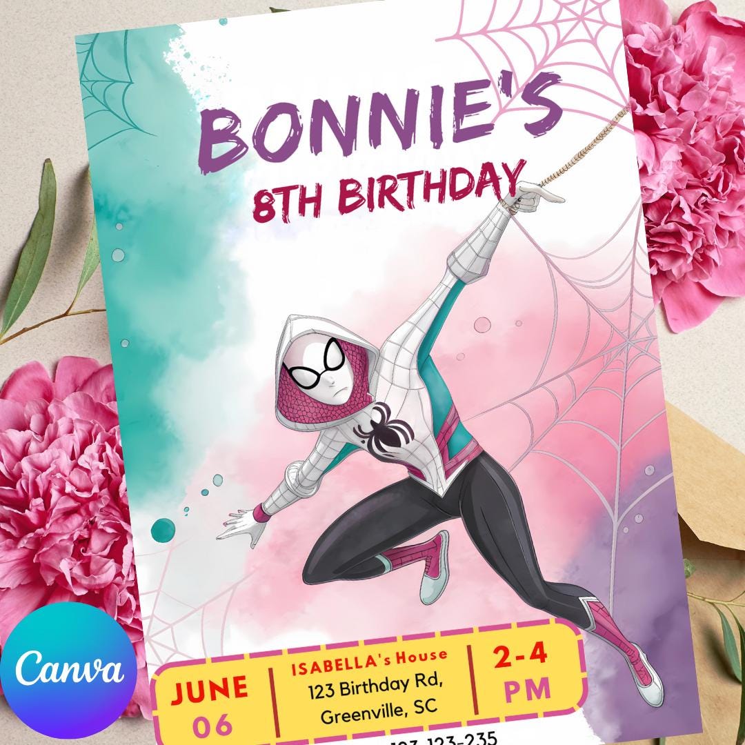 Gwen Birthday Invitation, Spider-verse Girl Birthday Invite, Editable ...