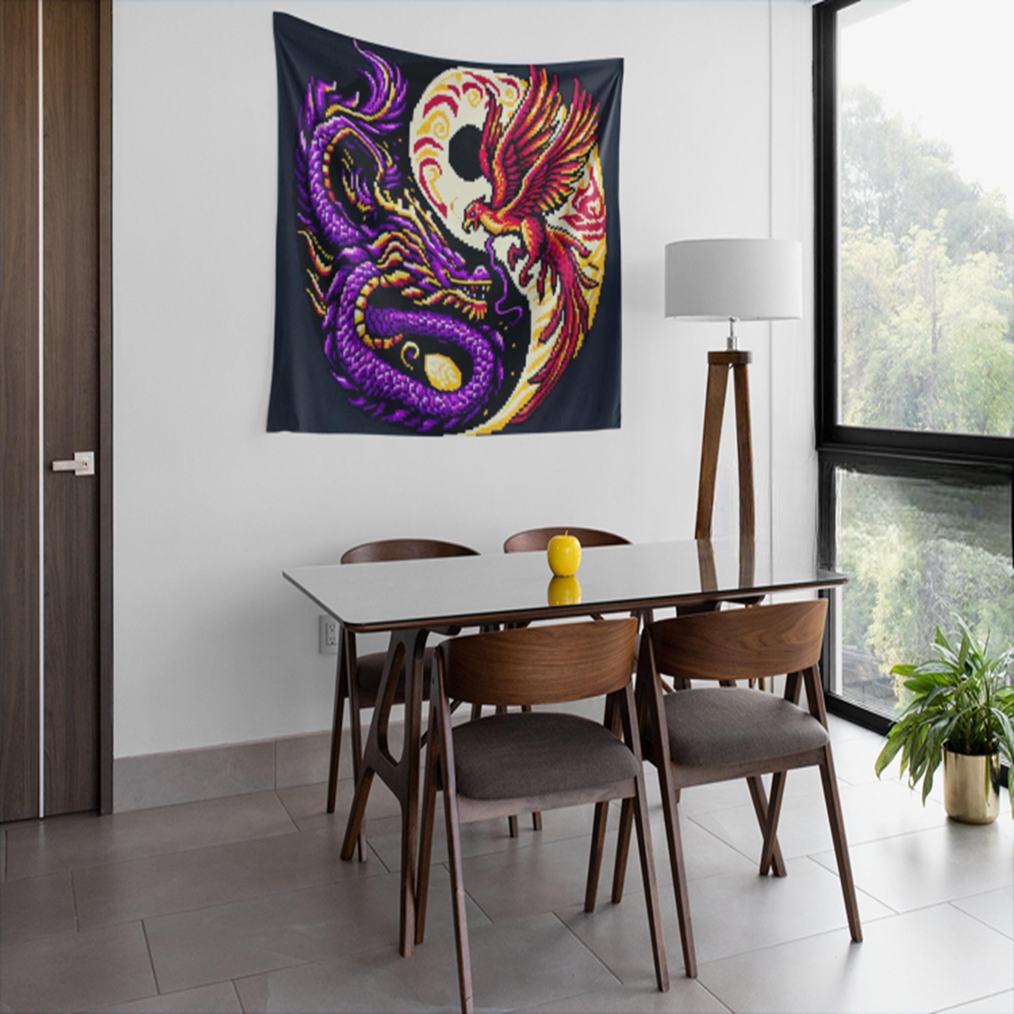 Pixel Art Dragon and Phoenix Tapestry Intricate Pixel Detailing, High ...
