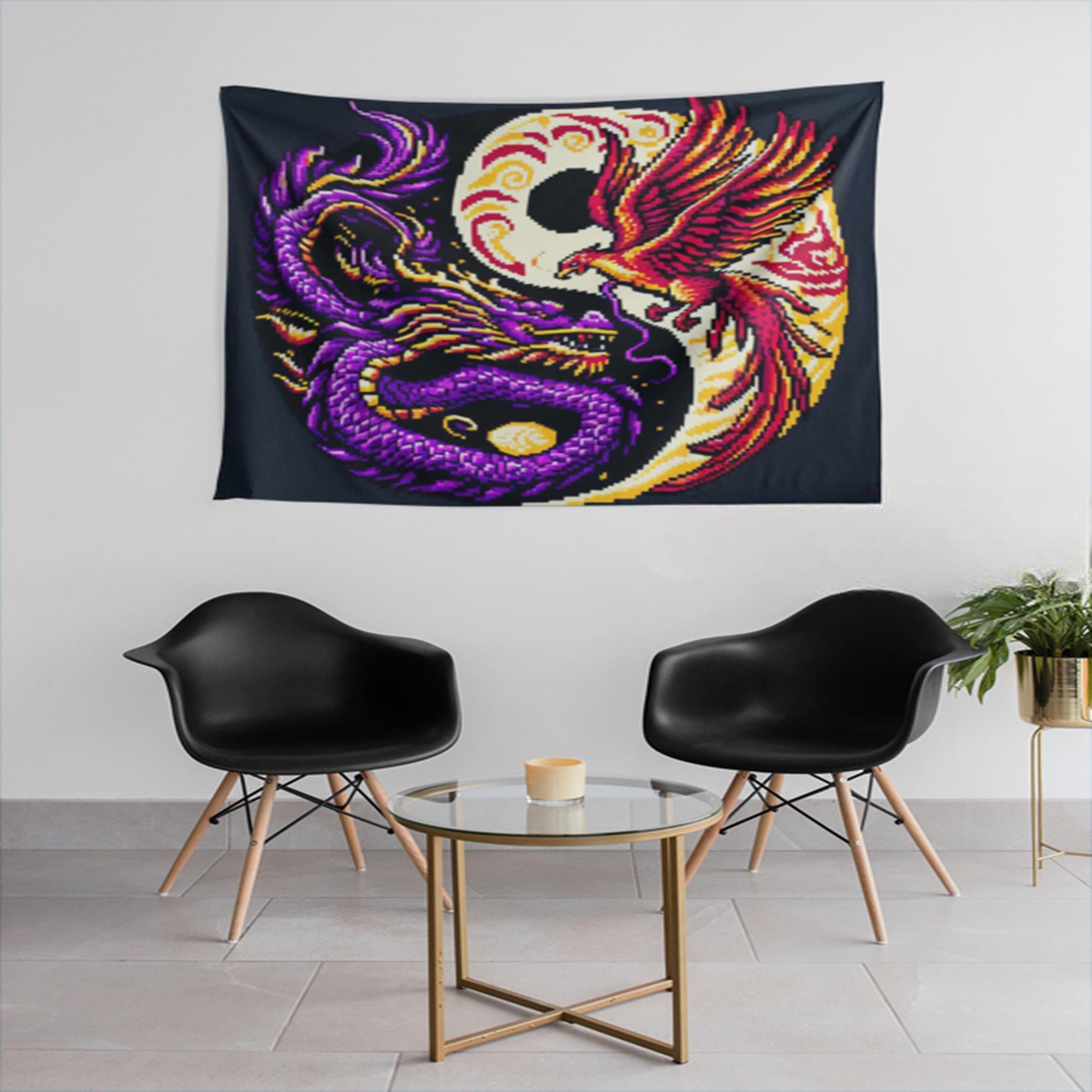 Pixel Art Dragon and Phoenix Tapestry Intricate Pixel Detailing, High ...