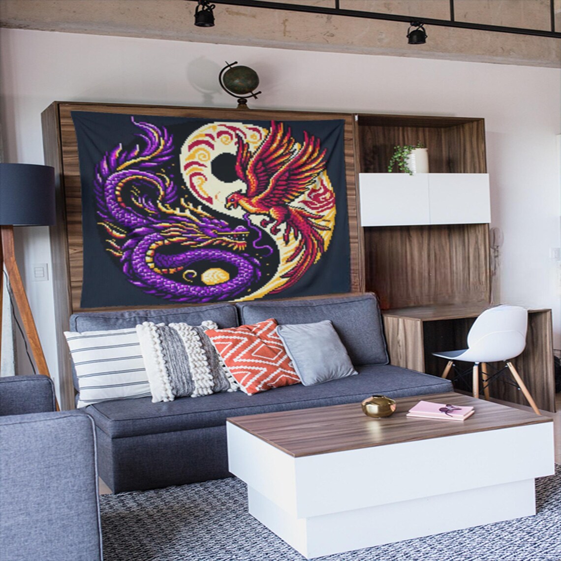 Pixel Art Dragon and Phoenix Tapestry Intricate Pixel Detailing, High ...