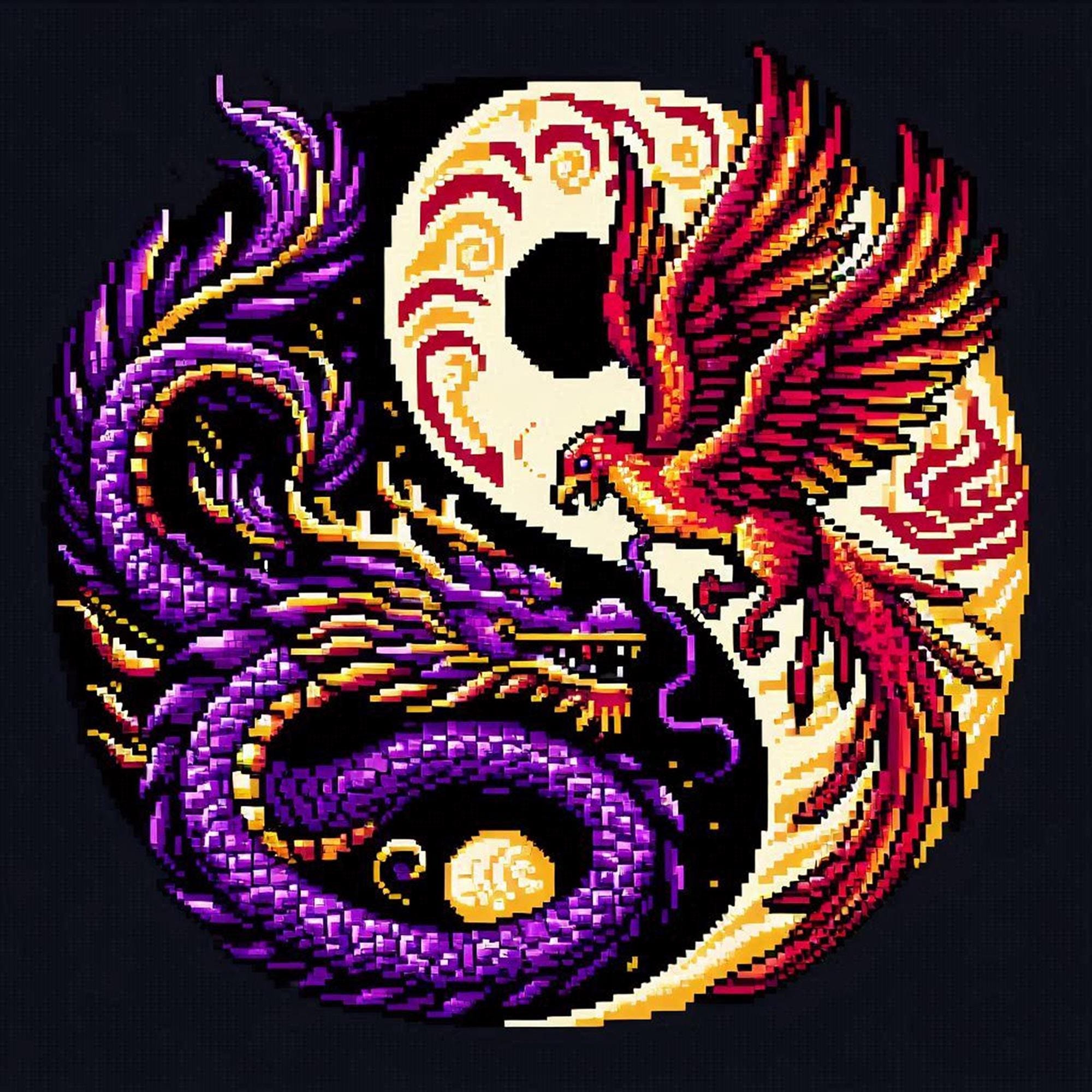 Pixel Art Dragon and Phoenix Tapestry Intricate Pixel Detailing, High ...